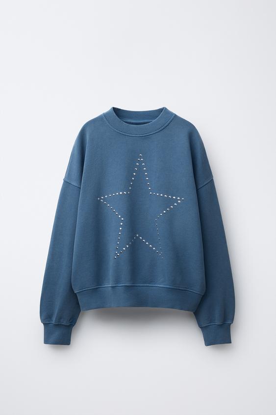 WASHED EFFECT STUDDED STAR SWEATSHIRT - Mid-blue | ZARA United States