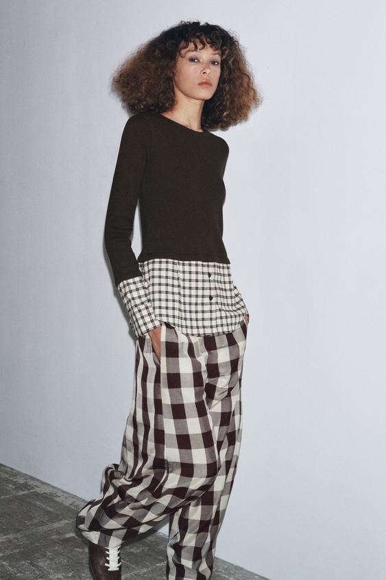 チェック柄コントラストシャツ - ブラウン | ZARA Japan / 日本