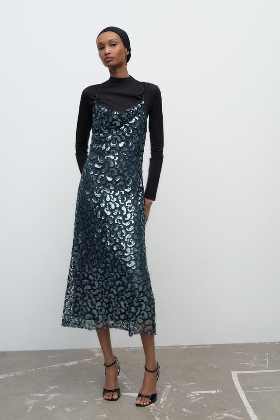SEQUINNED MIDI DRESS - Blue | ZARA Saudi Arabia