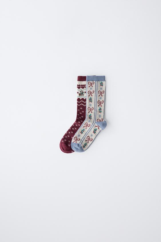 TWO-PACK OF LONG SOCKS WITH GREEK KEY AND BOW PRINT - Maroon | ZARA Canada