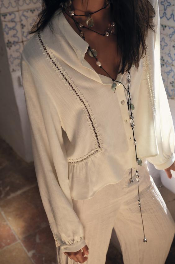 SHIRT WITH LACE TRIM - Oyster-white | ZARA Cambodia