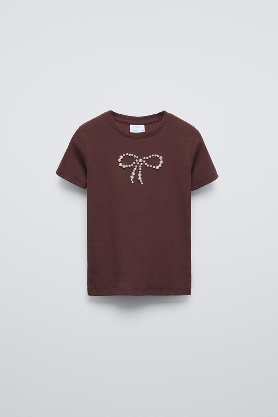 TRICOU CU FUNDĂ ȘI PERLE - Maro | ZARA România