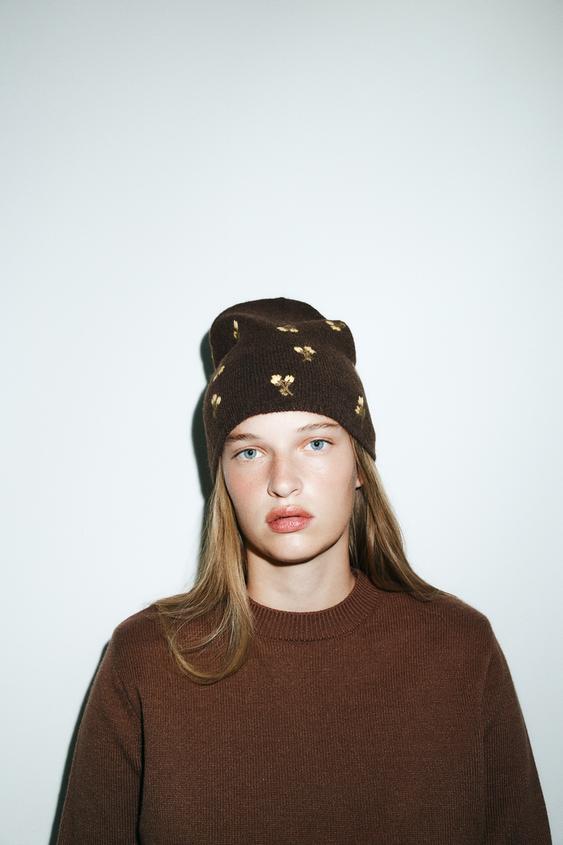 FLORAL EMBROIDERED KNIT BEANIE HAT - Brown | ZARA United States