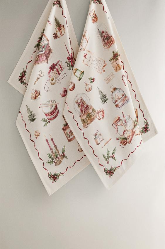 COTTON TEA TOWEL WITH CHRISTMAS PRINT PACK (PACK OF 2) - Green | ZARA ...