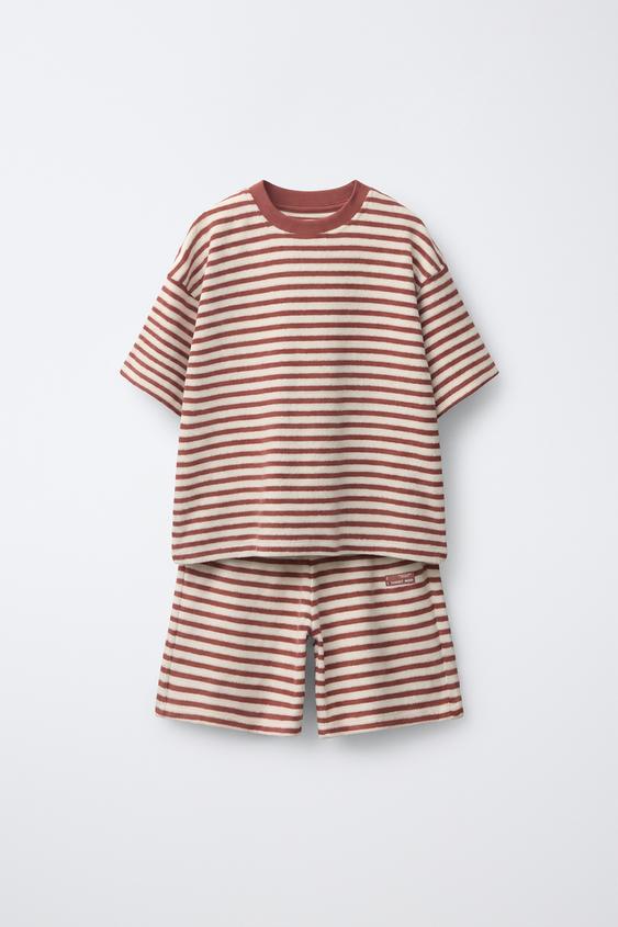 STRIPED TOWELLING T-SHIRT AND BERMUDA SHORTS SET - brown/white | ZARA ...