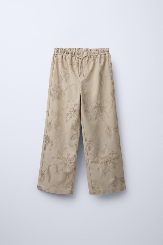 SHINY EMBROIDERED TROUSERS - Beige muda | ZARA Indonesia