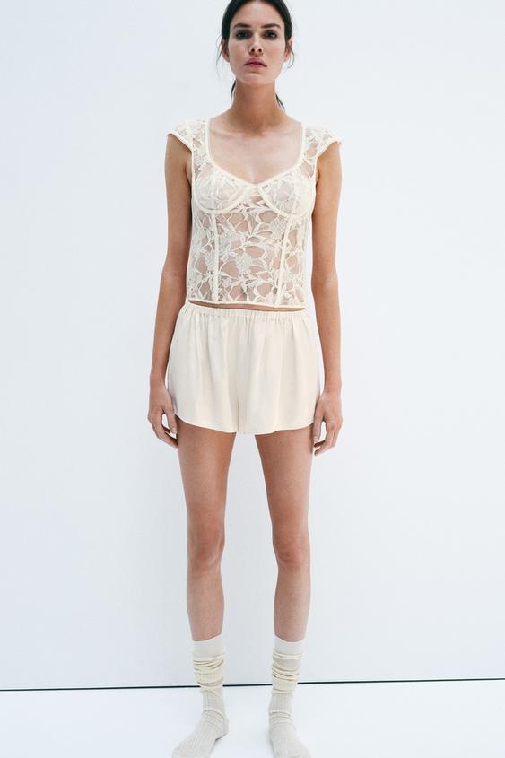 TOP BUSTIER SIMPAI RENDA - Putih pudar | ZARA Indonesia