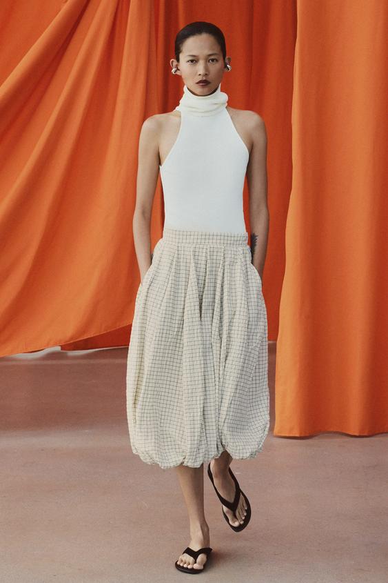 ZW COLLECTION CHECK BALLOON SKIRT - Ecru / Black | ZARA United Kingdom