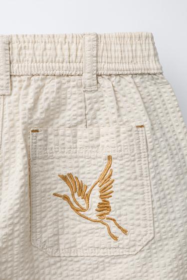 PANTALON SEERSUCKER BRODÉ OISEAU - Écru | ZARA France