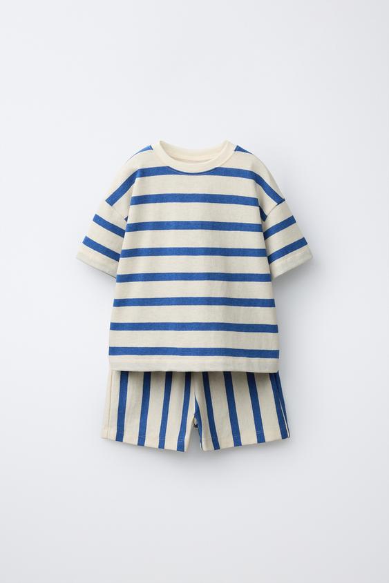JOGGING SET T-SHIRT EN GESTREEPTE BERMUDA - Marineblauw / Wit | ZARA ...