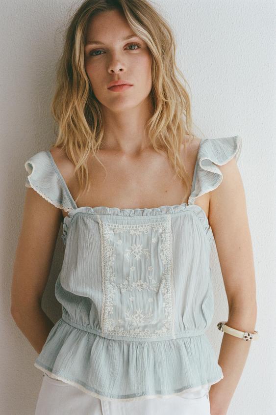 EMBROIDERED RUFFLE TOP - Blue | ZARA Canada