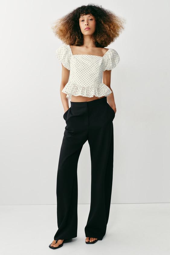 PRINTED TOP WITH CUTWORK EMBROIDERY - Ecru / Navy | ZARA India