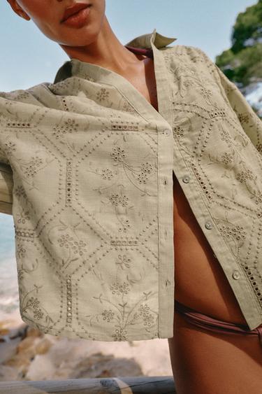 CHEMISE BRODERIES PERFORÉES - Kaki clair | ZARA France