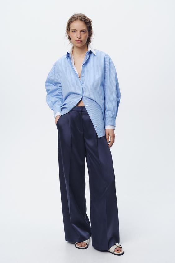 WIDE-LEG SATIN TROUSERS - Navy blue | ZARA Saudi Arabia