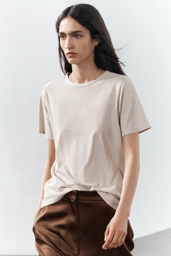 COTTON AND LINEN BLEND T-SHIRT - Light beige | ZARA Georgia