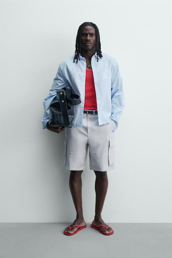 BOXY FIT STRIPED SLOGAN SHIRT - Light blue | ZARA United Kingdom