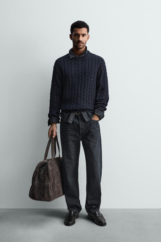 CABLE-KNIT TEXTURED JUMPER - Navy blue | ZARA Singapore