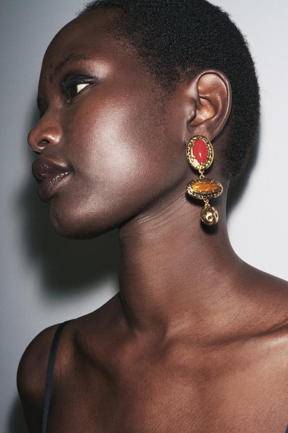 TEXTURED STONE EARRINGS - Golden | ZARA India