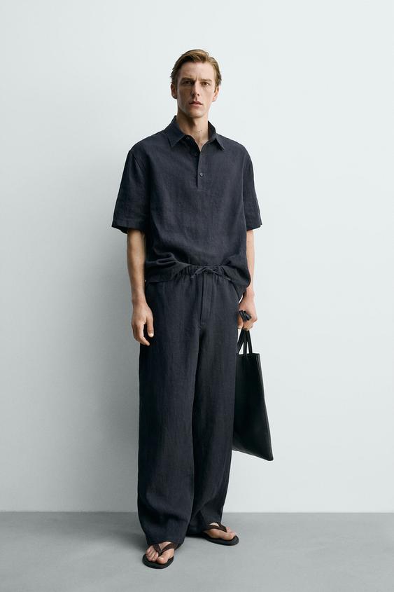 PANTALON RELAXED FIT 100% LIN - Bleu marine foncé | ZARA France
