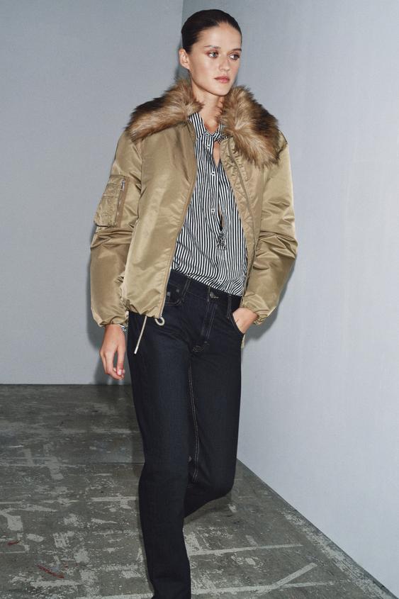 FAUX FUR COLLAR BOMBER JACKET ZW COLLECTION - Olive green | ZARA Saudi ...