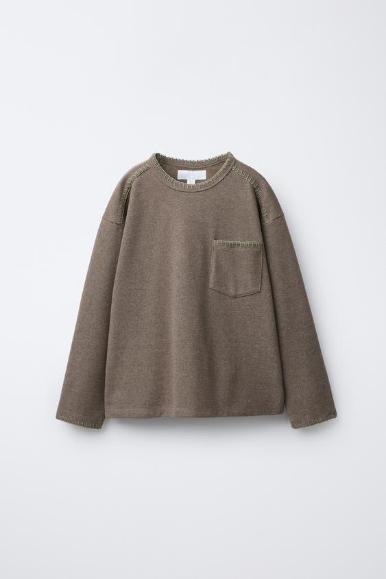 SOFT-TOUCH T-SHIRT WITH CONTRAST TOPSTITCHING - Beige | ZARA India