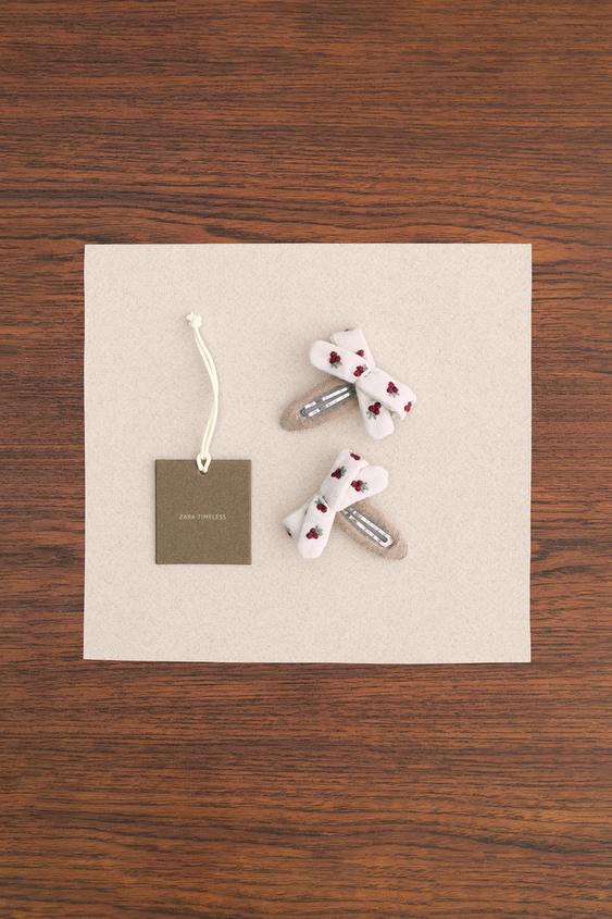 ZARA TIMELESS - PACK OF TWO EMBROIDERED BOW HAIR CLIPS - Beige | ZARA ...