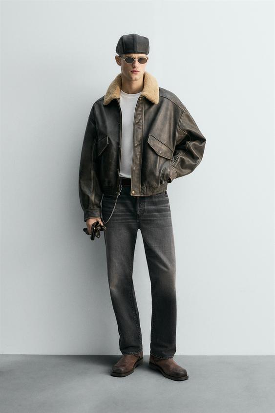LIMITED EDITION LEATHER JACKET WITH CONTRAST COLLAR - Dark grey | ZARA ...