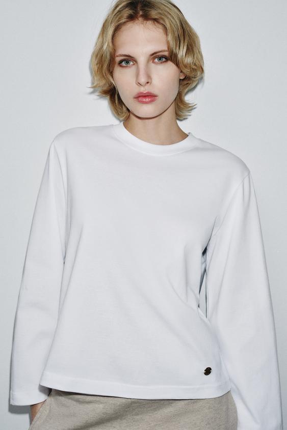 LONG SLEEVE LABEL T-SHIRT - White | ZARA Hungary / Magyarország