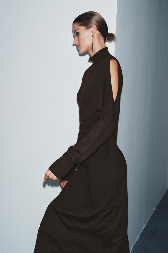 CUT-OUT KNIT MIDI DRESS - Brown | ZARA Saudi Arabia