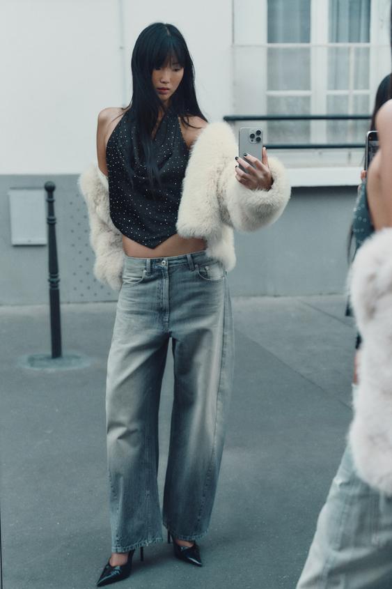 RHINESTONE SATIN EFFECT HALTER TOP - Black | ZARA Canada