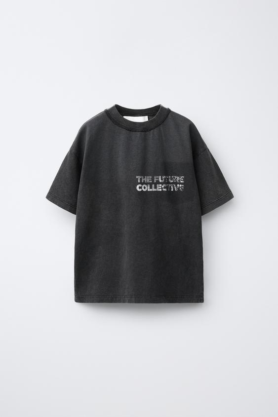 FADED-EFFECT SLOGAN T-SHIRT - Grey / Blue | ZARA India