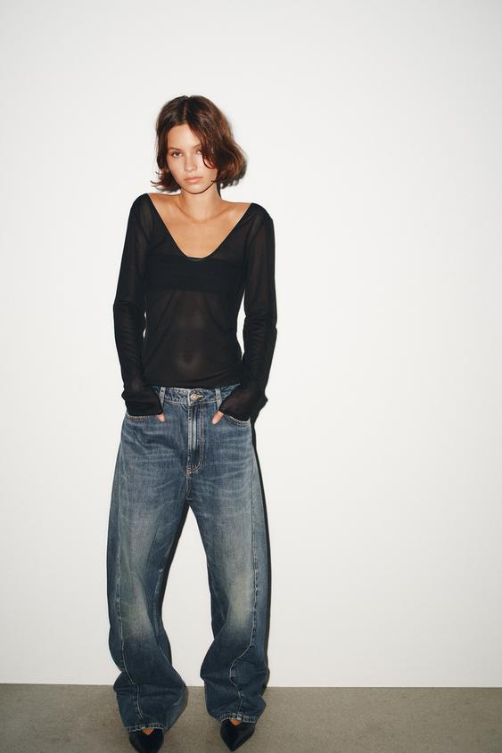SEMI-SHEER LONG SLEEVE TOP - Black | ZARA United States