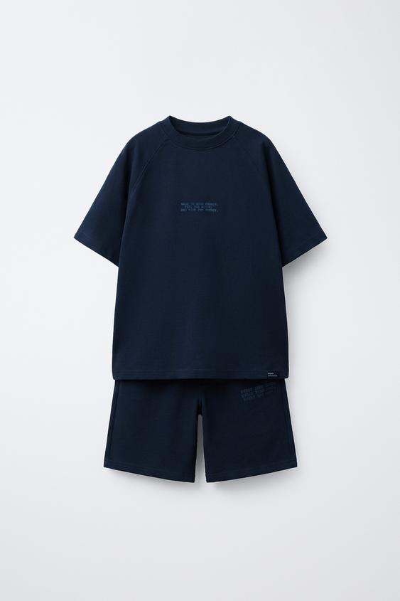 TEXTURED SLOGAN T-SHIRT AND BERMUDA SHORTS SET - Navy blue | ZARA Australia