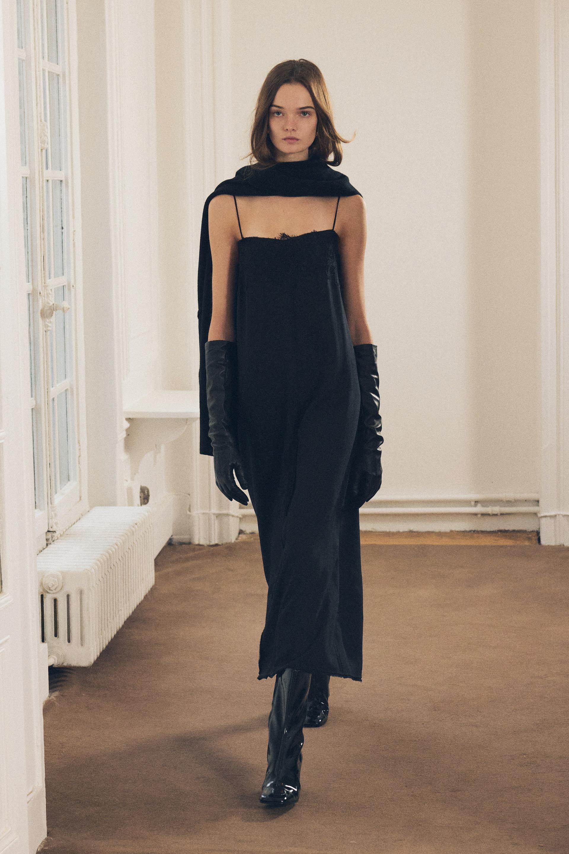 VESTIDO MEZCLA LINO PUNTILLA ZW COLLECTION - Negro | ZARA Chile