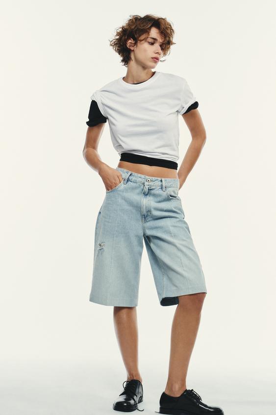 RIPPED MID-RISE TRF DENIM JORTS - Blue | ZARA Canada