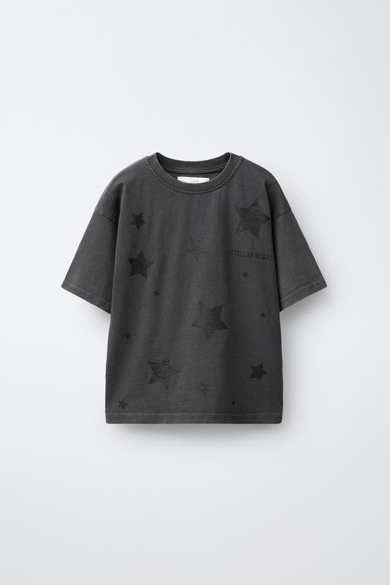 T-SHIRT EFEITO LAVADO ESTRELAS COM BRILHO - Cinzento-antracito | ZARA Portugal
