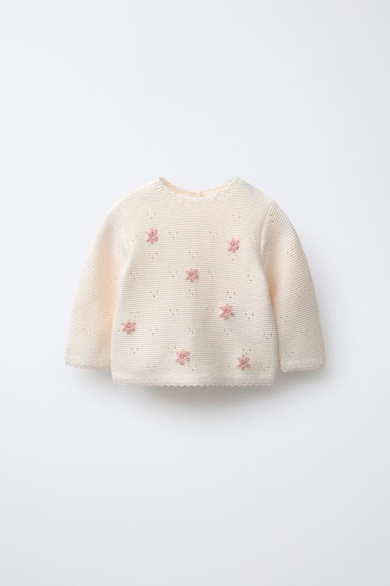 PULL EN MAILLE À FLEURS BRODÉES - Écru moyen | ZARA France