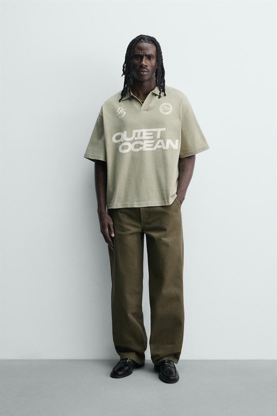 RELAXED FIT SLOGAN PRINT POLO SHIRT - Light green | ZARA United Kingdom