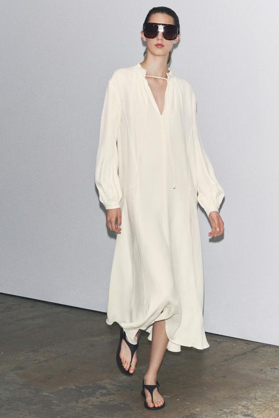 ZW COLLECTION DRESS WITH TIES - Oyster-white | ZARA India