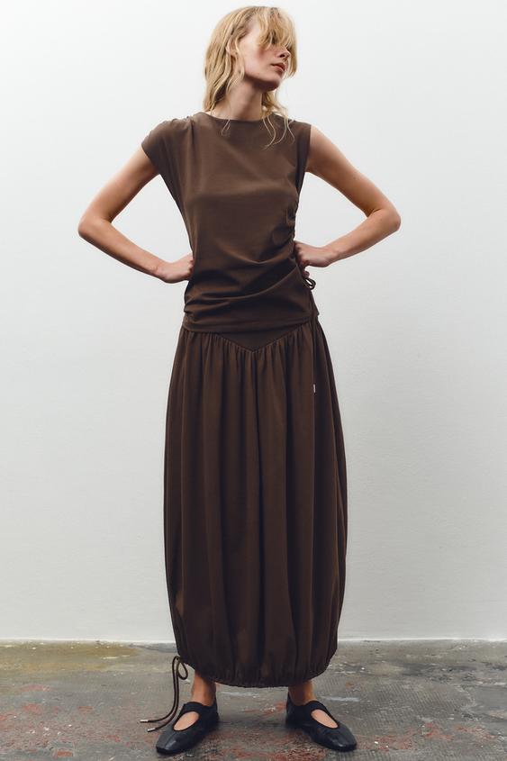 DRAWSTRING GATHERED T-SHIRT - Chocolate | ZARA Thailand