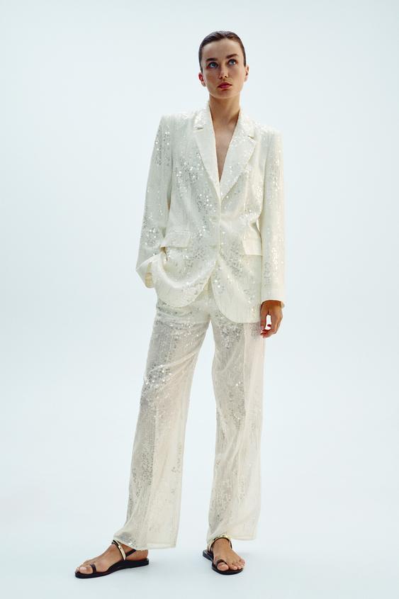 BLAZER PANJANG ANEKA PAYET - Putih pudar | ZARA Indonesia