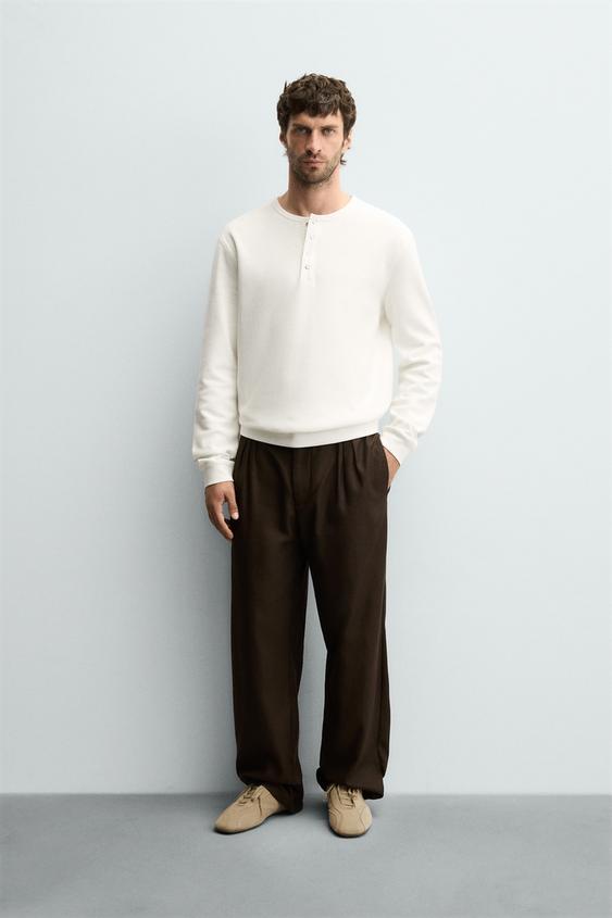RIB KNIT GRANDAD COLLAR T-SHIRT - Oyster-white | ZARA Turkey