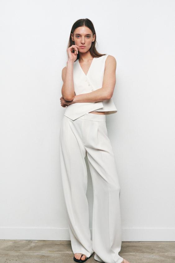 Wide Fit Pants With Darts Zw Collection Ecru Zara Canada