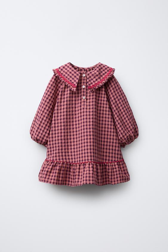 GINGHAM DRESS WITH RICK RACK TRIM - Salmon | ZARA Georgia