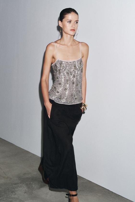 ZW COLLECTION EMBROIDERED BEADED TOP - Silver | ZARA Thailand