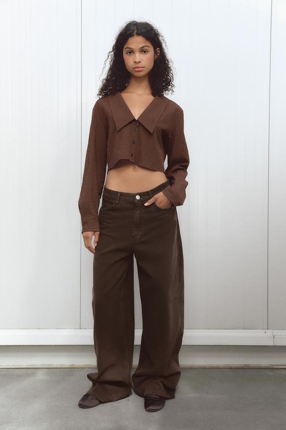 CAMISA CROPPED AOS QUADRADOS COM GOLA DE BEBÉ - Caqui | ZARA Angola