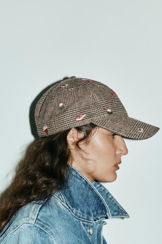 EMBROIDERED WOOL CHECK CAP - camel | ZARA Singapore