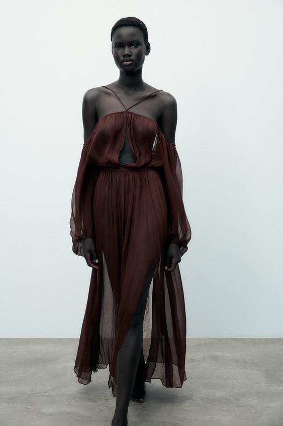 Flowy Long Dress Brown Zara United States