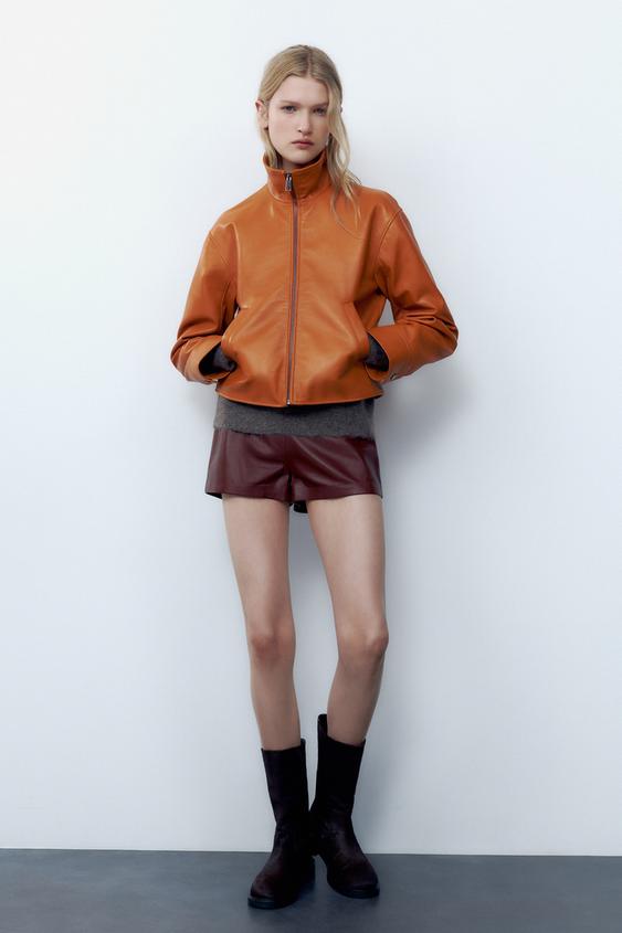 CAZADORA PIEL CREMALLERA - Naranja | ZARA Chile