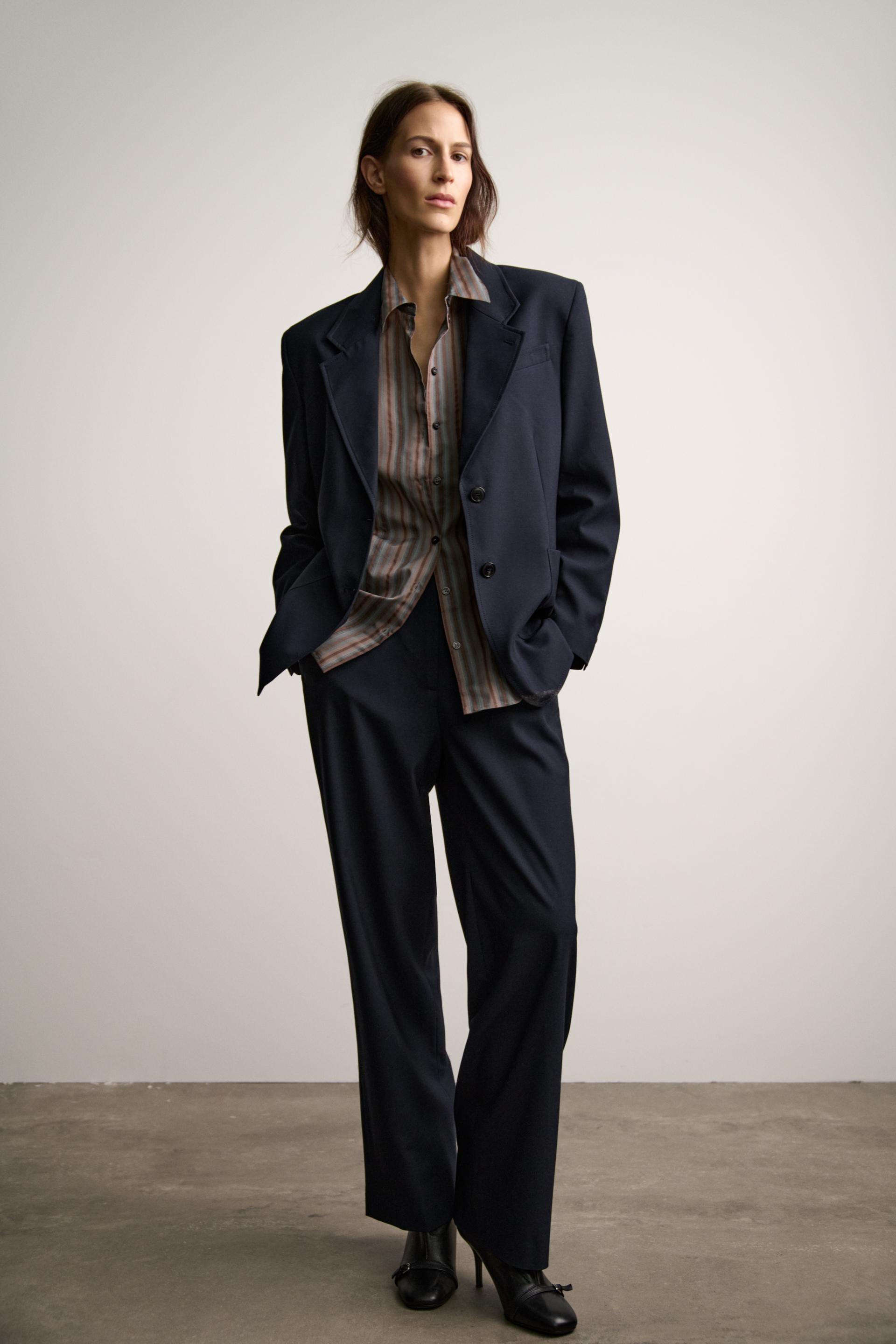 Pants With A High Waist Zw Collection Navy Blue Zara Canada